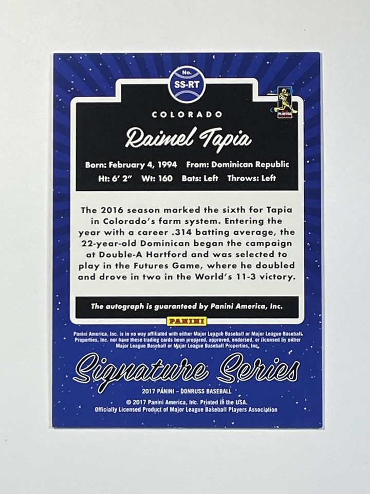2017 Donruss Raimel Tapia #SS-RT Signature Series Blue AU, SN199 | eBay