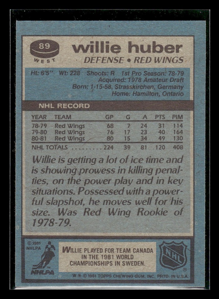 1981-82 Topps Hockey #W89 Willie Huber "Set Break" Mint Detroit Red ...