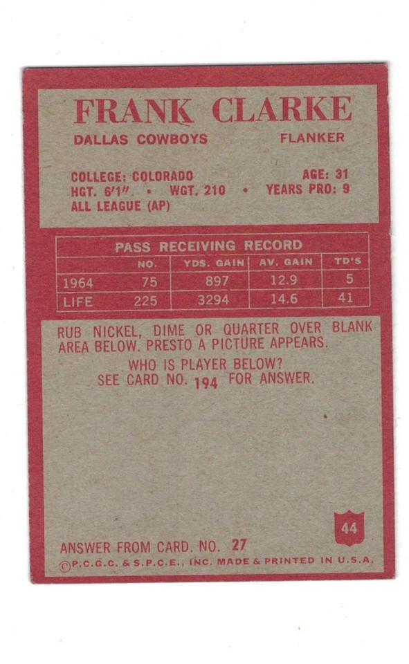 1965 Philadelphia Frank Clarke Football Card | eBay