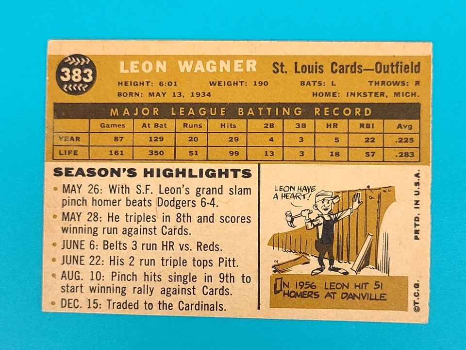 1960 Topps #383 Leon Wagner St. Louis Cardinals BASEBALL Card G9 | eBay