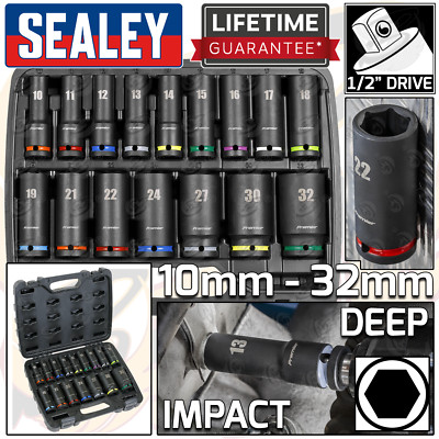 SEALEY 1/2" Drive DEEP IMPACT Socket Set Long Reach Impact Sockets 10mm ...