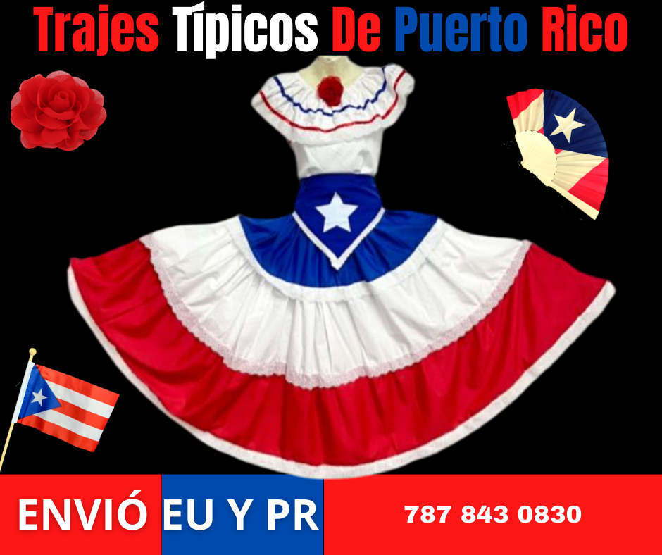 TRAJES TIPICOS 3 P/C SET COLOR DE BANDERA DE PR , JIBARA PUERTORRIQUEÑA ...