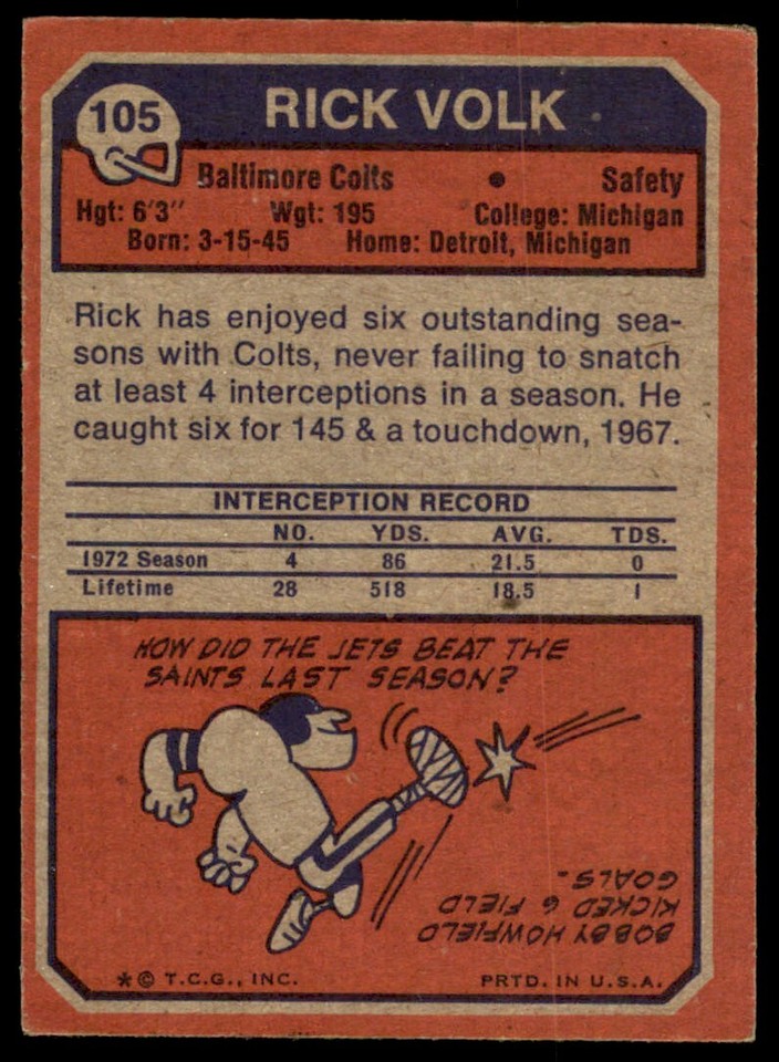 1973 Topps #105 Rick Volk Baltimore Colts | eBay