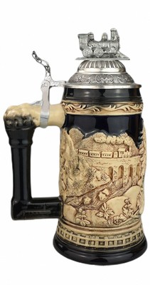 German Train Stein, cobalt, unpainted, ptd. pewter Trainlid, 0.5.. KI ...