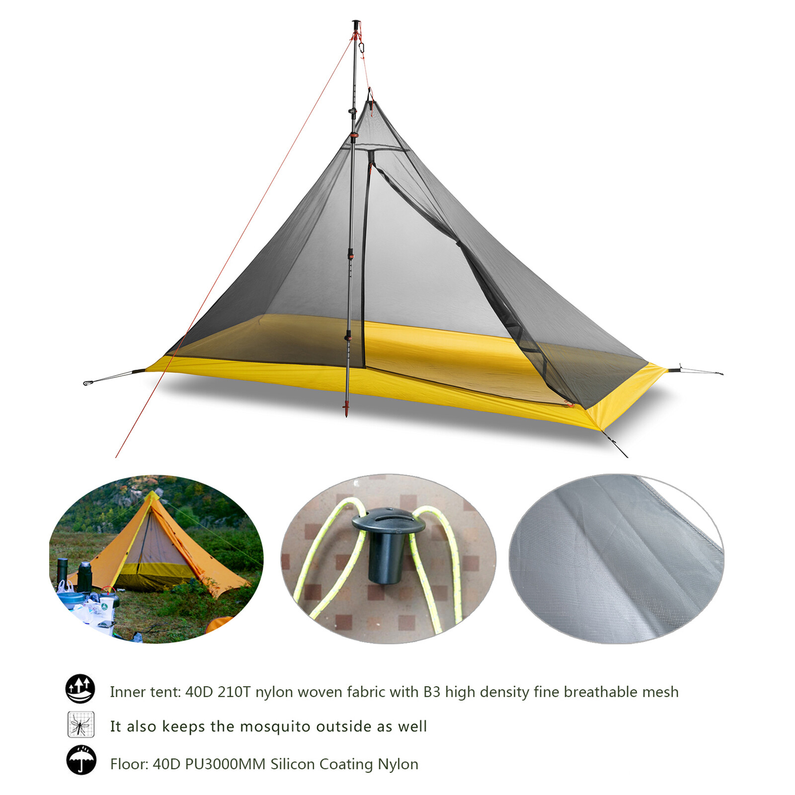 Waterproof Ultralight Outdoor Camping Pyramid Shape Tent Inner Tent 2-4 ...