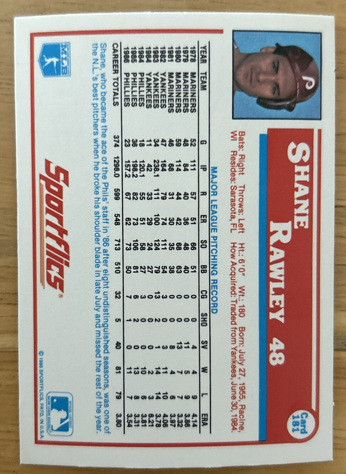 1987 Sportflics Shane Rawley Baseball Card #181 Phillies Pitcher Mid ...