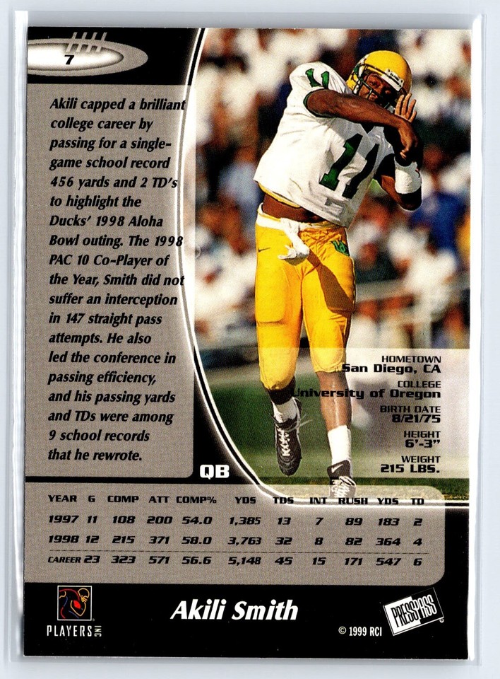 1999 Press Pass Akili Smith Gold #7 Oregon Ducks Rookie | eBay