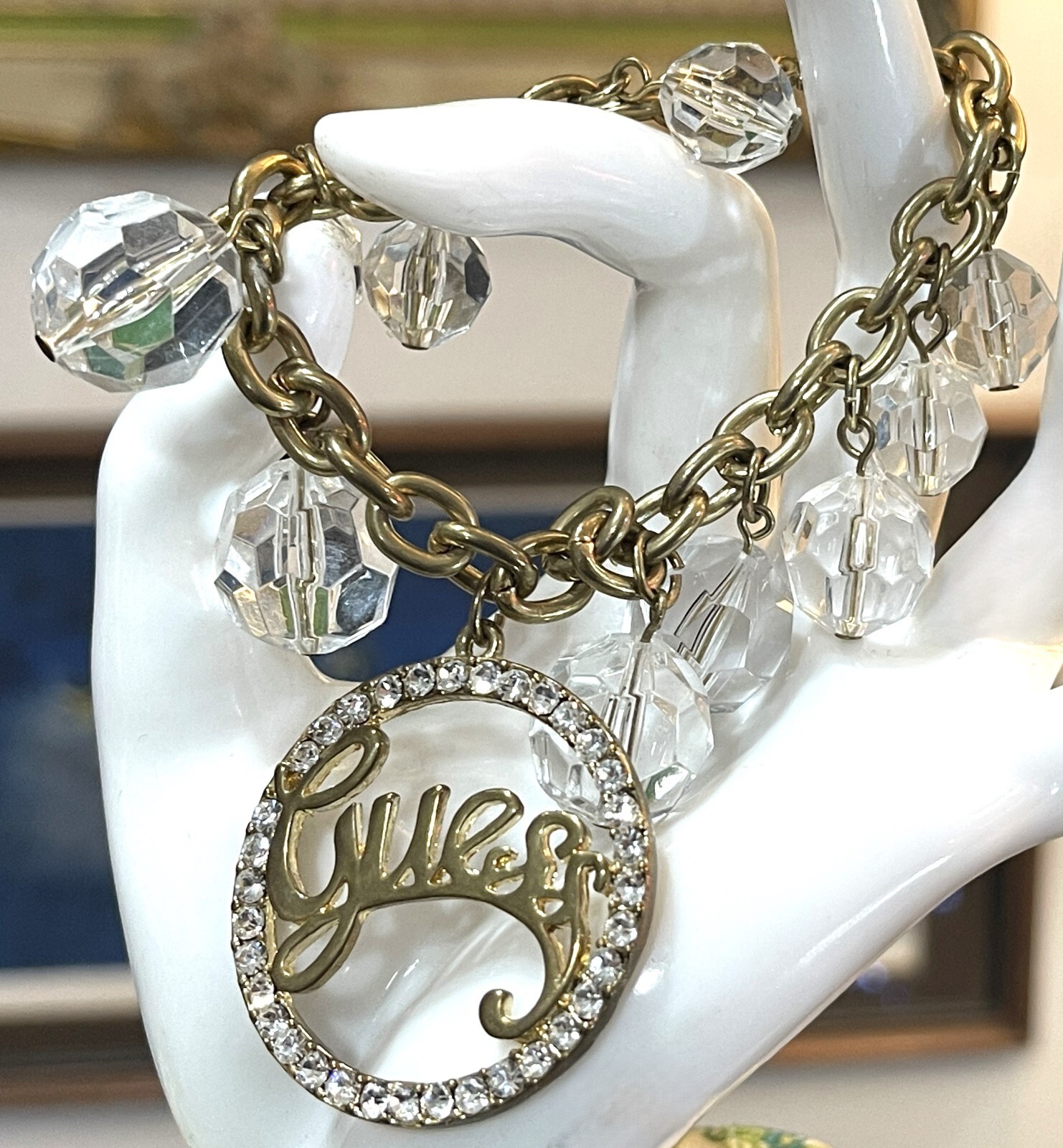 Vintage Guess Cable Chain Brass Rhinestone Charm Brac… - Gem