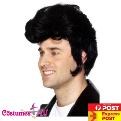 Mens Grease T-Birds Black Rockstar Wig 50s Quiff Rock N Roll Costume ...