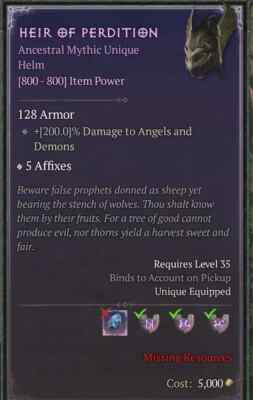 Diablo 4 D4 Season 10 Heir of Perdition MYTHIC UNIQUE RUNEPACK 6/6/6 ...