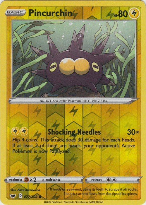 Reverse Holo Pincurchin Common 077/202 Sword & Shield Base Pokemon TCG ...