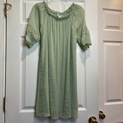 Anthropologie Naif Gauze Dress Womens M Green Lined Puff Sleeves Boho ...