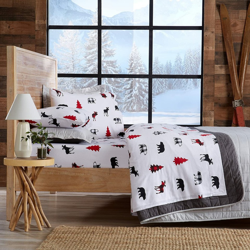 Red Black Plaid Bear Moose 4pc Cotton Flannel Sheet Set Twin Full Queen ...