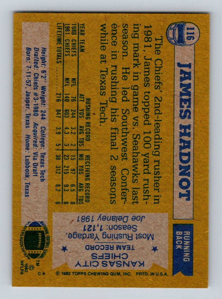 1982 Topps James Hadnot #116 Kansas City Chiefs | eBay