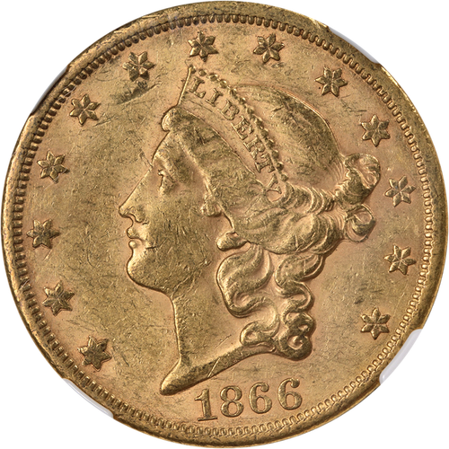 1866-S Liberty Gold $20 w/ Motto CAC Sticker NGC AU55 FS-301 Misplaced ...