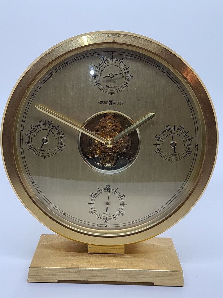 Vintage HOWARD MILLER Brass Weather Station Barometer Thermometer Desk ...