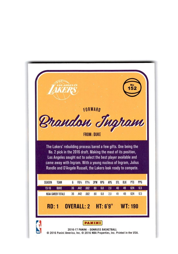 2016-17 Panini Donruss Rookies Brandon Ingram #152 Rookie RC Los ...