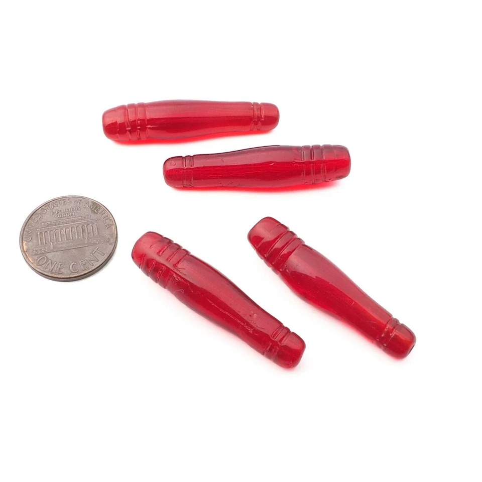 Lot (4) Vintage Deco Czech transparent red glass tube rosary beads 38mm ...