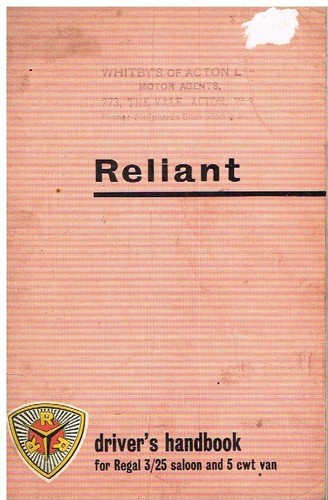 RELIANT REGAL 3/25 SALOON & 5 cwt VAN 1962-68 ORIG. OWNERS INSTRUCTION ...