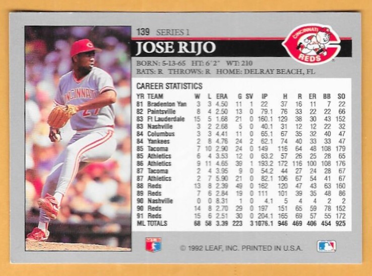JOSE RIJO CINCINNATI REDS #139 no dot inc - LEAF NM-MT 1992 | eBay