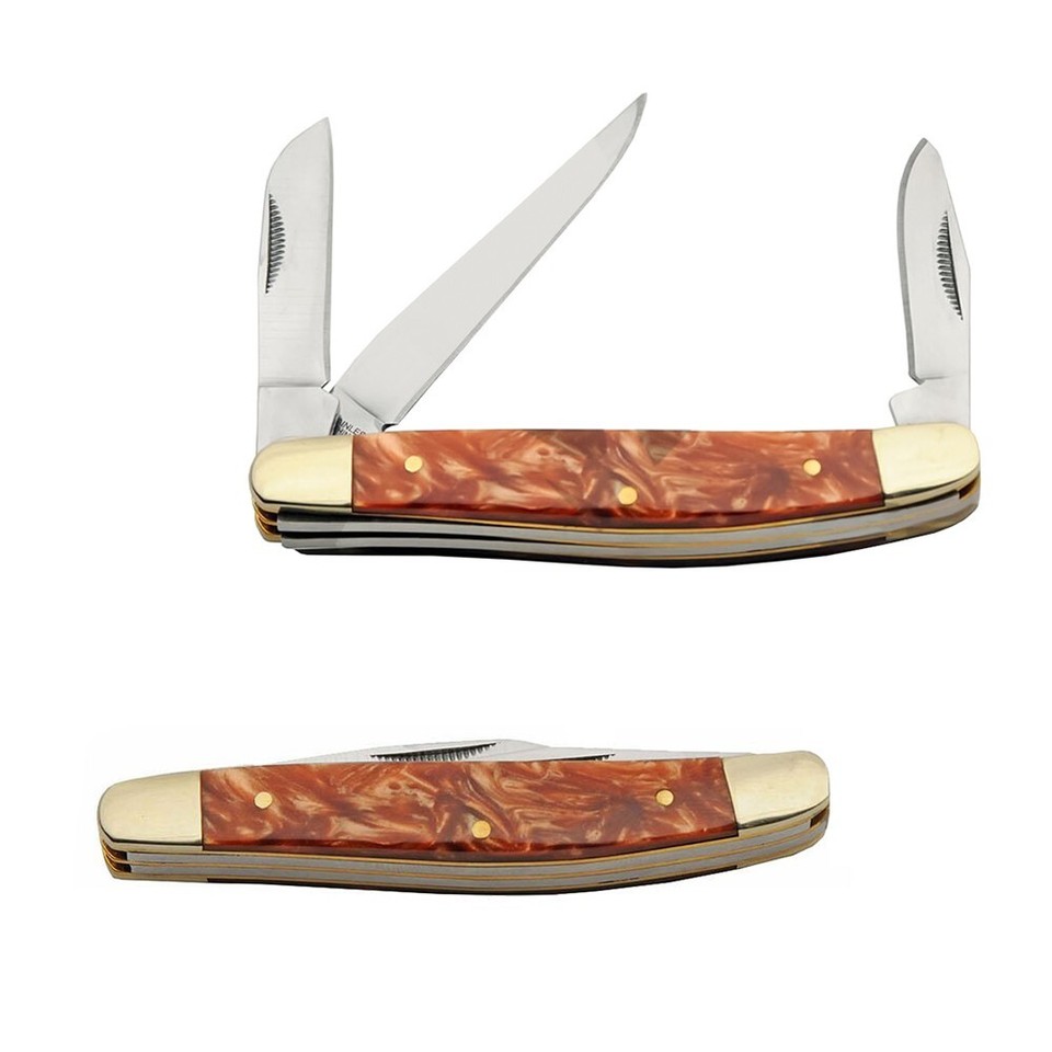 Rite Edge 3 BLADE STOCKMAN Pocket Knife w/ Brown Marble Style Acrylic ...