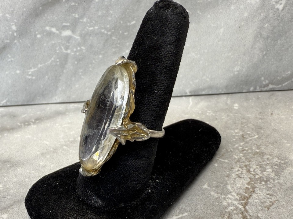 Vintage Gold Tone Large Long Clear Glass Stone Ring Size 6 | eBay