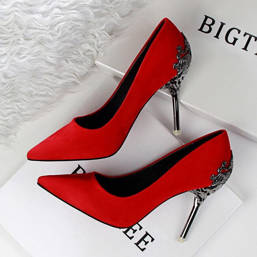 Women Black Metal Carving Heels Pumps Pointed Toe Stilettos Bridal ...