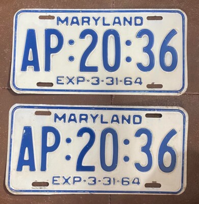 Maryland 1964 License Plate PAIR # AP:20:36 | eBay