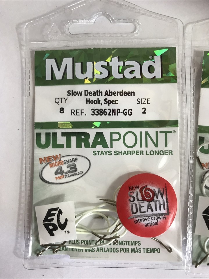 Mustad 33862NP-GG Glow Green Slow Death Hooks Size 2 Intense Crawler 2 ...