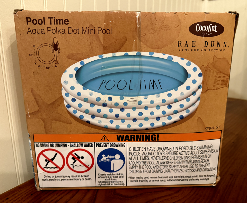 NEW! Coconut Float Rae Dunn “POOL TIME” Aqua Polka Dot Mini Pool 46"x46 ...