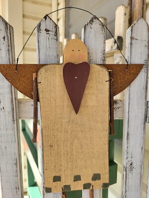 Primitive Wood Angel Rusty Tin Wings Twig Arms & Legs Heart NWT Country ...