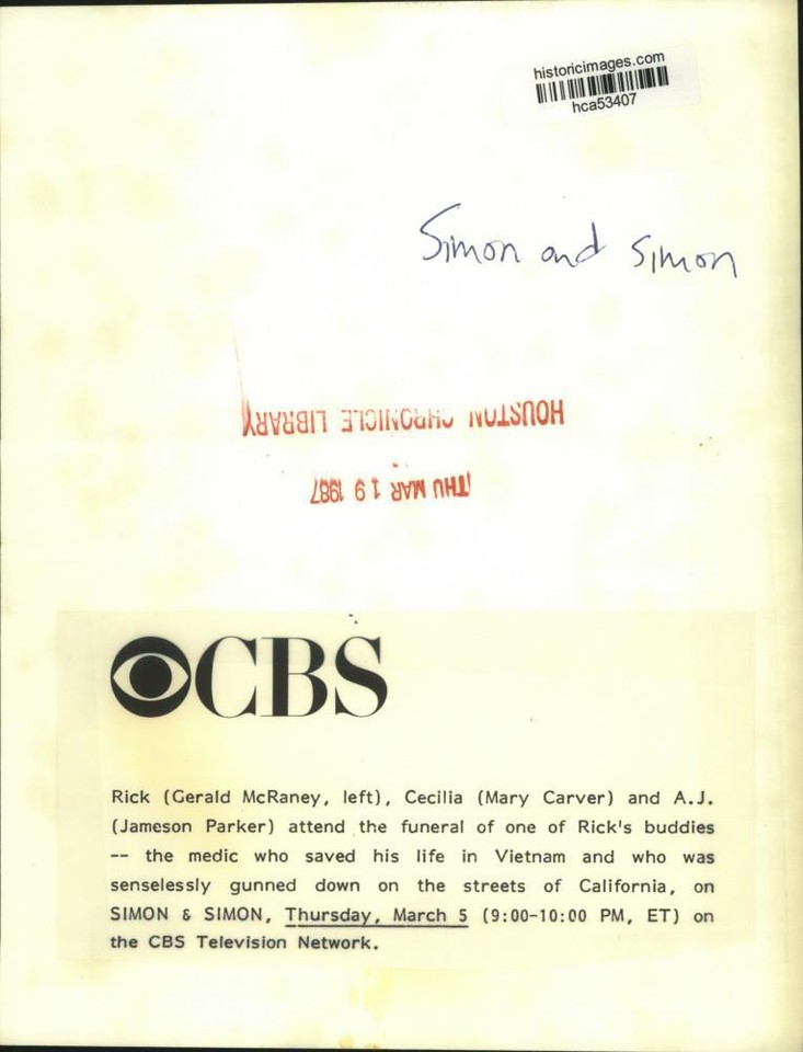 1987 Press Photo Gerald McRaney, Mary Carver and Jameson Parker, "Simon ...