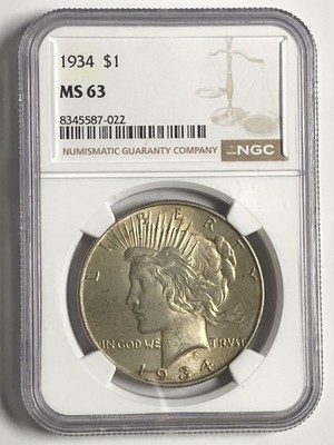 1934 PEACE "NGC MS63"- QUALITY, MINT, BETTER DATE YEAR/MINT ...