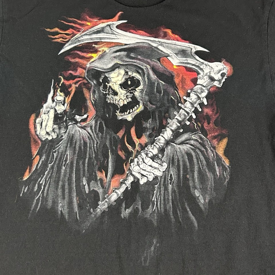 Vintage Y2K Grim Reaper T Shirt Large 2000s Graphic Flames Skeleton ...