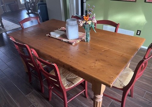 Antique Farm Pine Dining room table with 6 Pottery Barn (Isabella) chairs | eBay