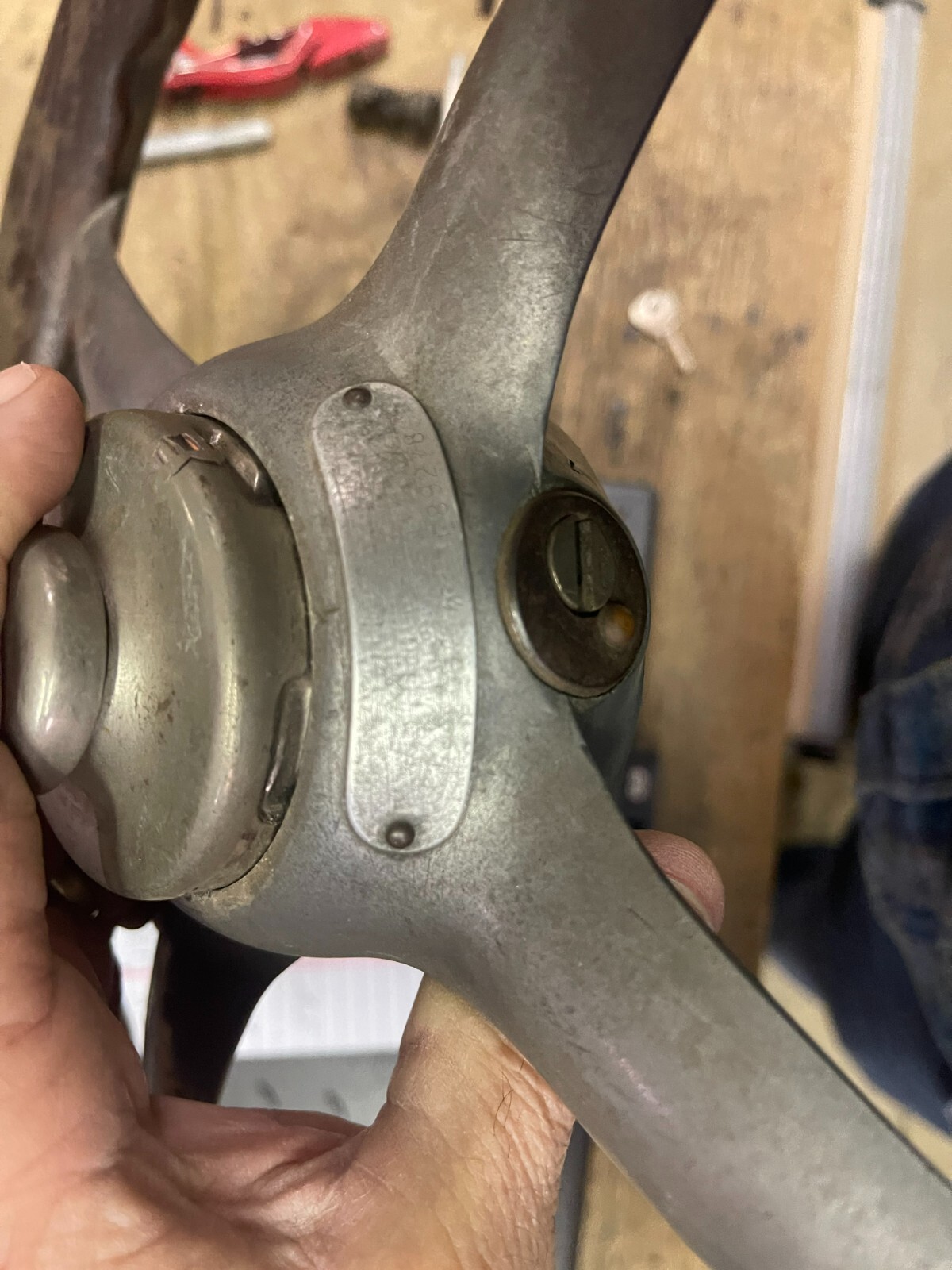 vintage wood 17 1/2" locking steering wheel fatmans with horn button ...