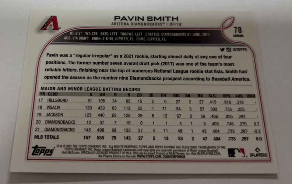 2022 Topps Chrome Sonic Baseball #78 Pavin Smith (Arizona Diamondbacks ...