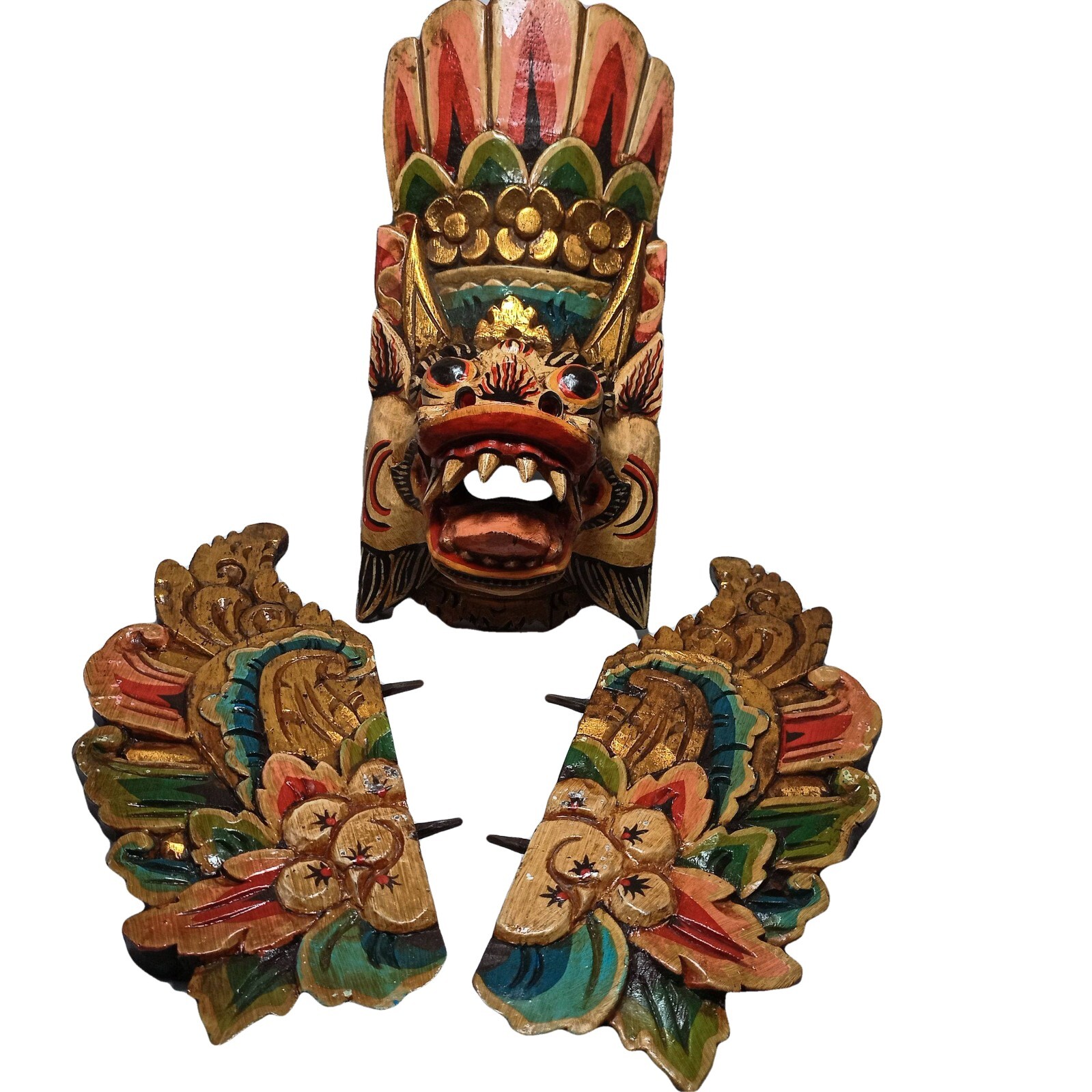 Balinese Wood Mask Barong Singa Lion Statue Ritual Carved Wall Art ...