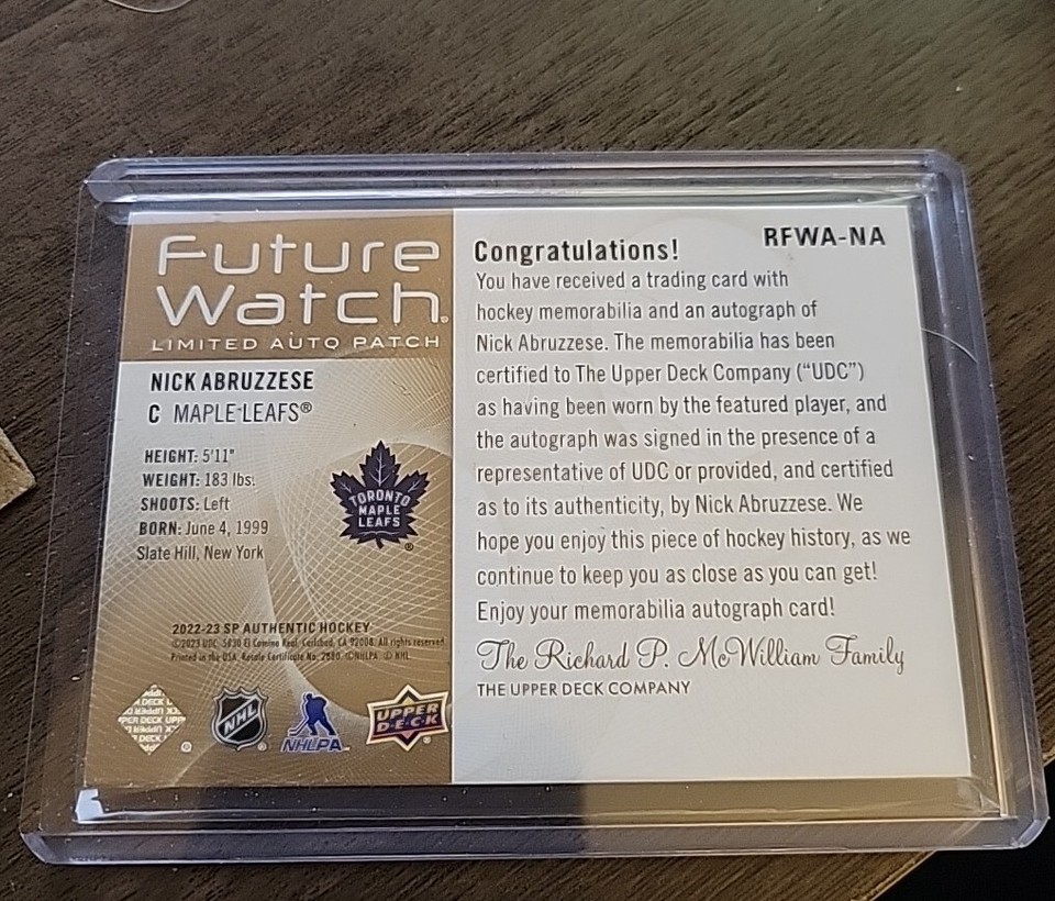 2022-23 SP Authentic Nick Abruzzese Future Watch Auto Patch 1/100 Leafs ...