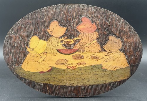 Sun Bonnet Sue Picnic Girls Folk Art Oval Wooden Plaque Pyrography Wood ...