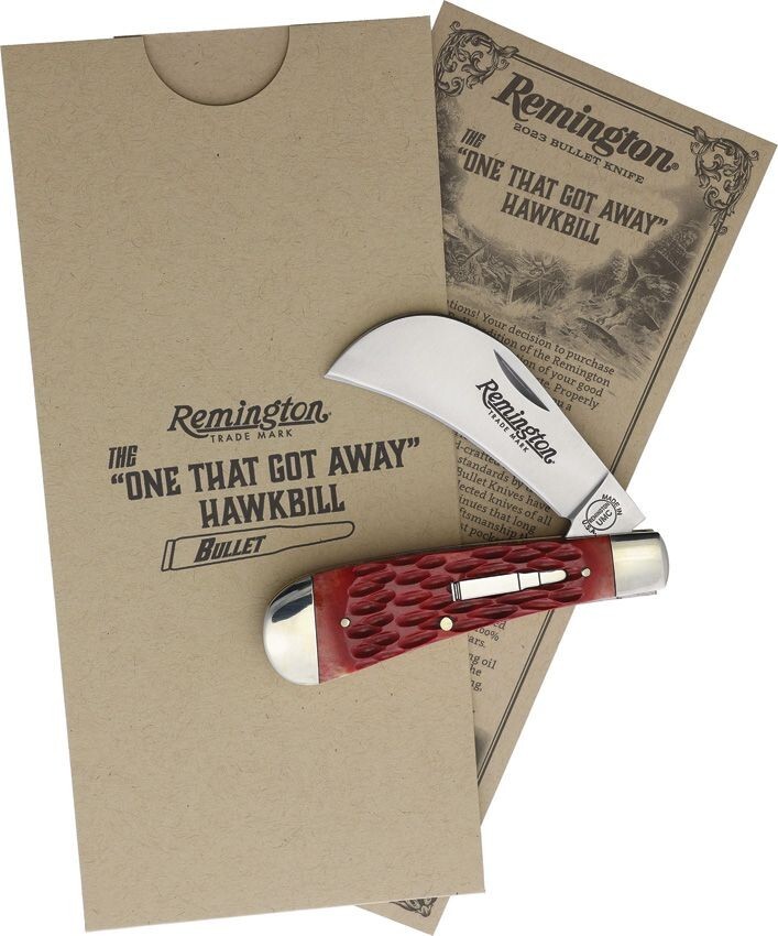 Remington 2023 Hawkbill Bullet Folding Knife 440 Steel Blade Red Jigged ...