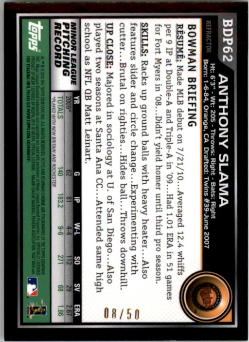2010 Bowman Chrome Draft Gold Refractors #BDP62 Anthony Slama /50 | eBay