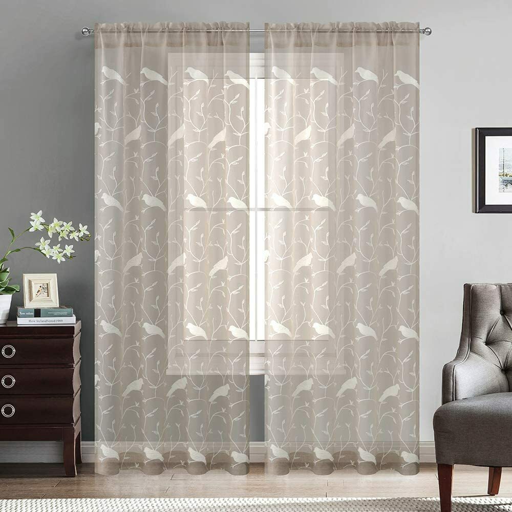 Set 2 Sheer Taupe Faux Linen Birds Curtains Panels Drapes Pair 84 96 ...