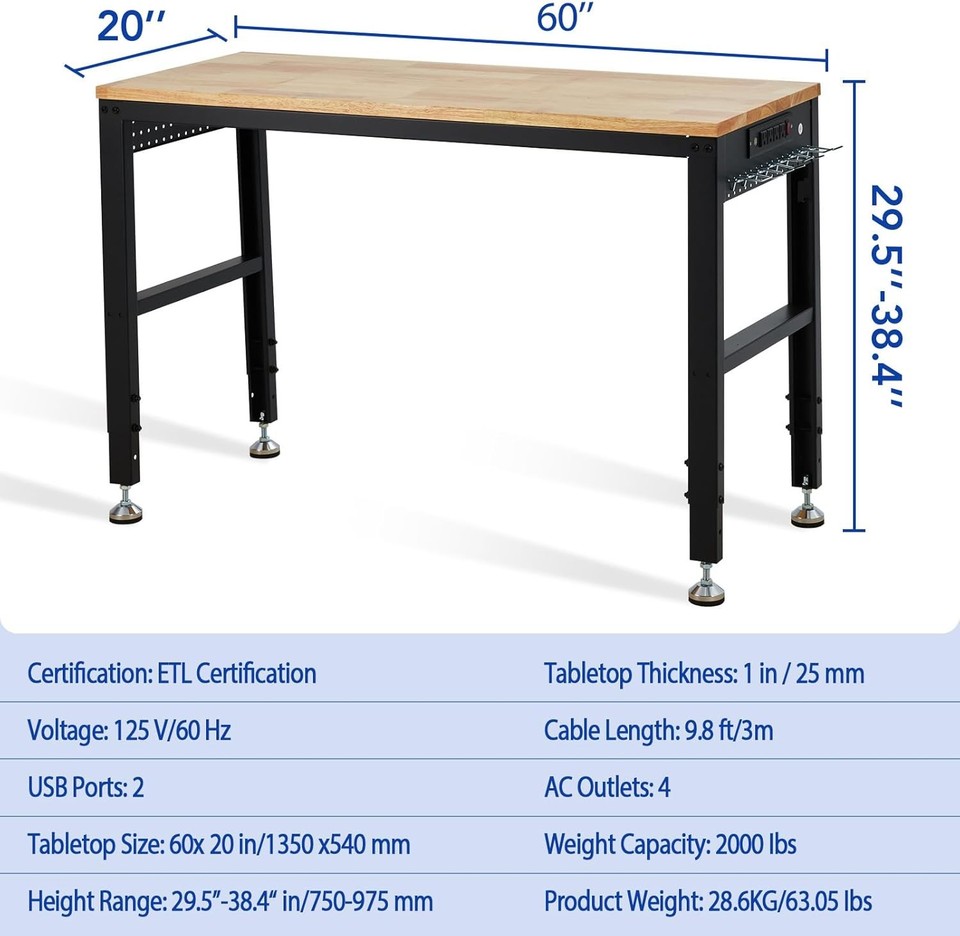 60" Adjustable Work Bench Heavy Duty Worktable for Workshop Garage 2000 ...