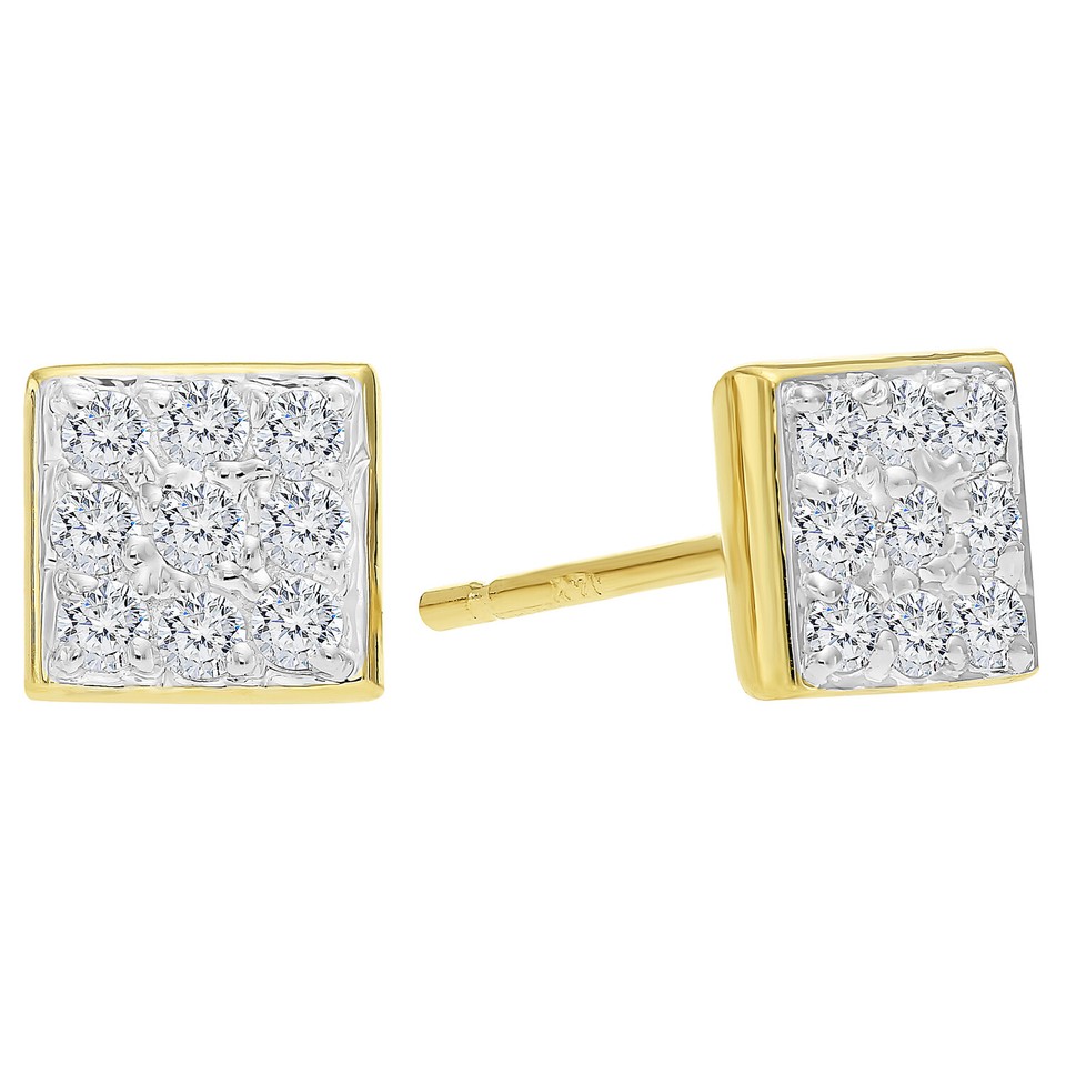 14K Solid Gold .15ctw Natural Pave Diamond Square Small Mini Stud ...