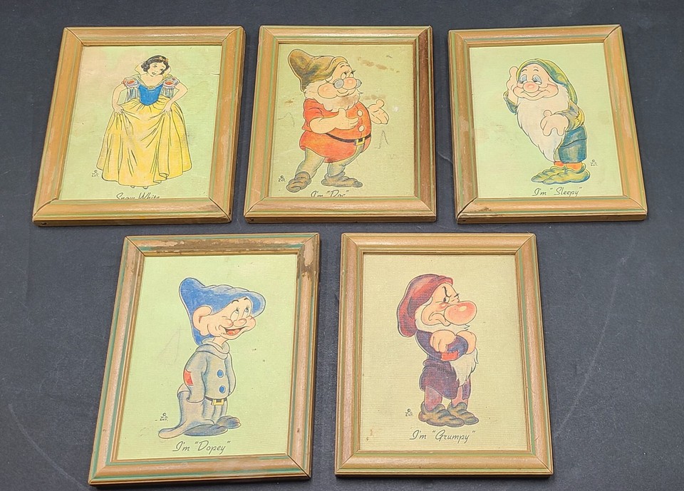 Lot Of 5 VTG 1930's Disney Snow White & 7 Dwarfs Framed Pictures ...