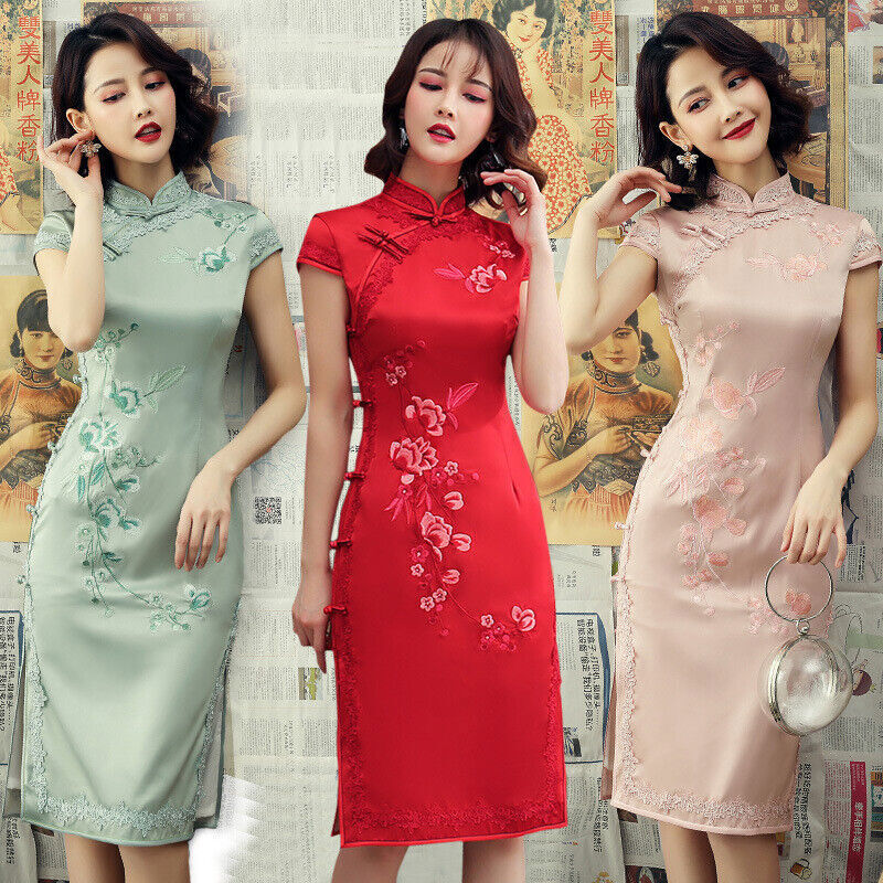 Embroidered Long Cheongsam Satin Sexy Slim Chinese Style Cheongsam ...
