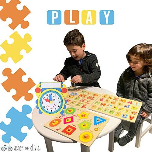 Wooden Peg Puzzles for Toddlers – Pack of 3 with Foam Learning Clock ...