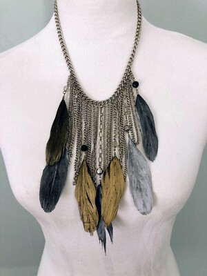 Boho Indie Statement Necklace with Feathers and Beaded Chains | eBay