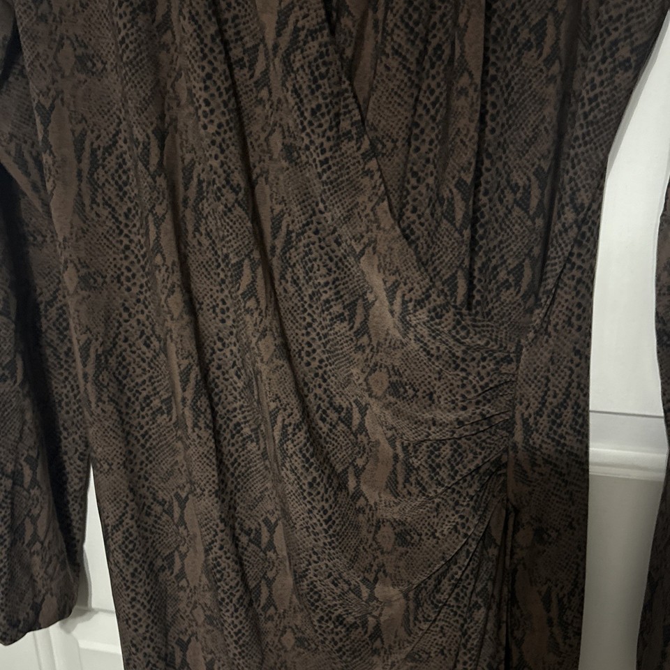 Norma Kamali brown black snake skin print faux wrap dress ruched side ...